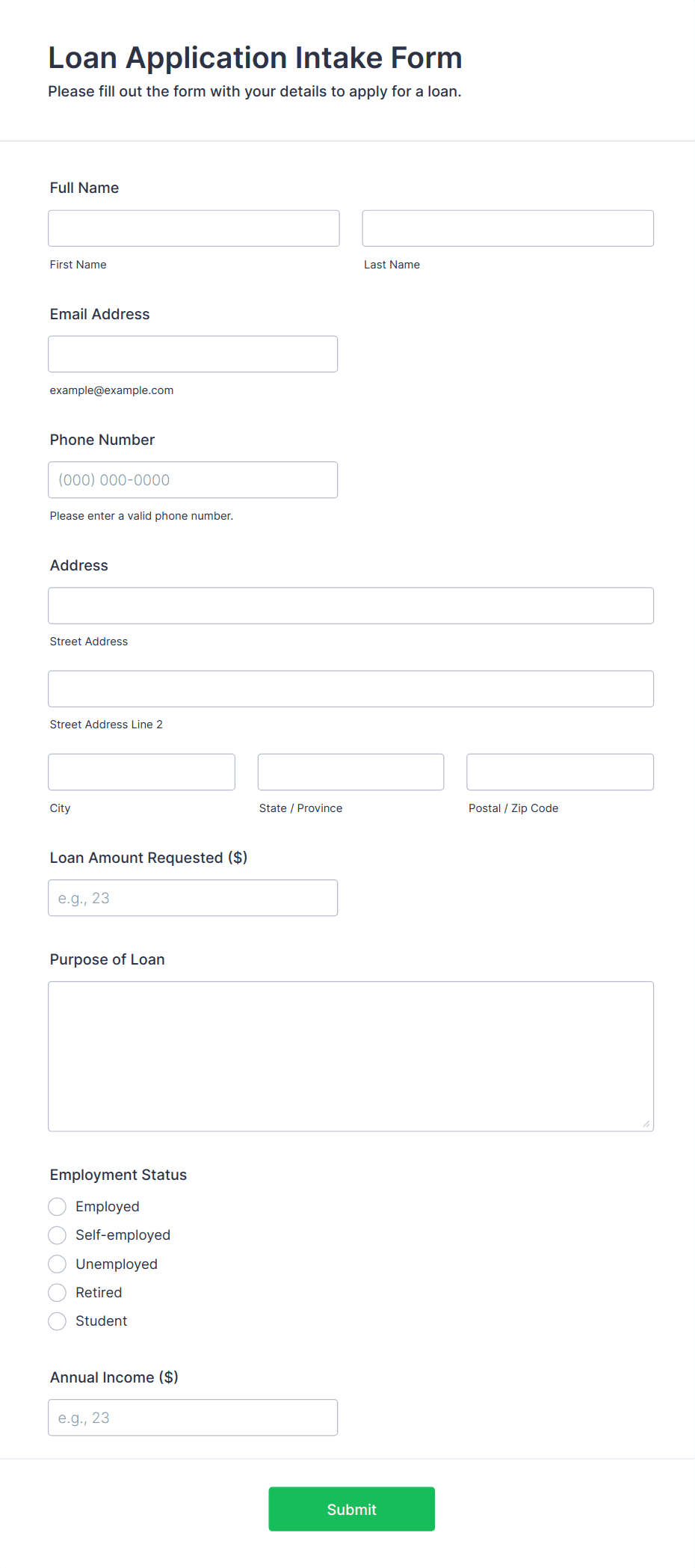 Loan Application Intake Form Template | Jotform