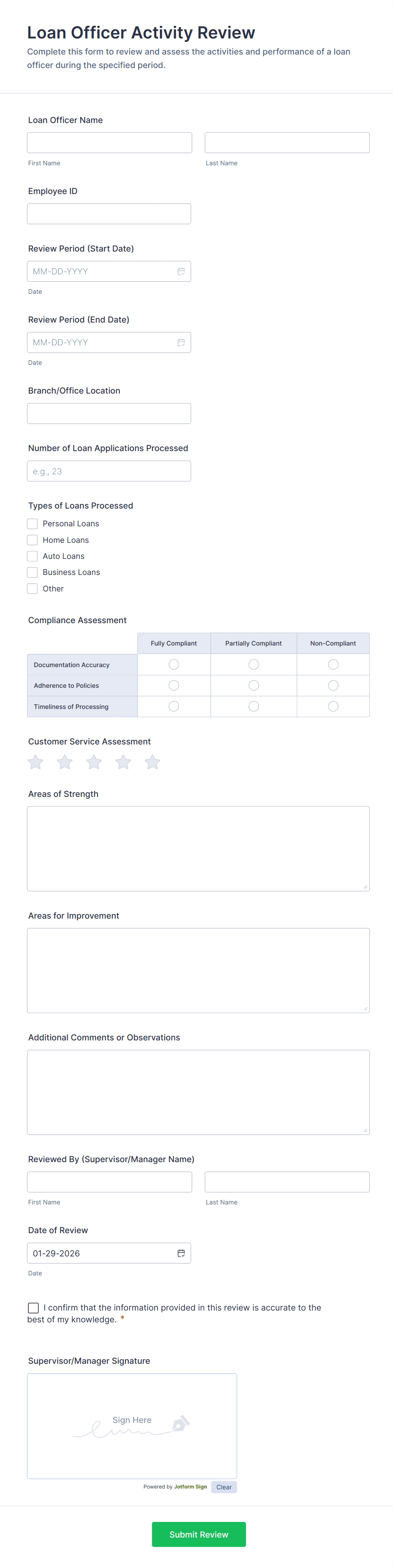 Loan Officer Activity Review Form Template | Jotform