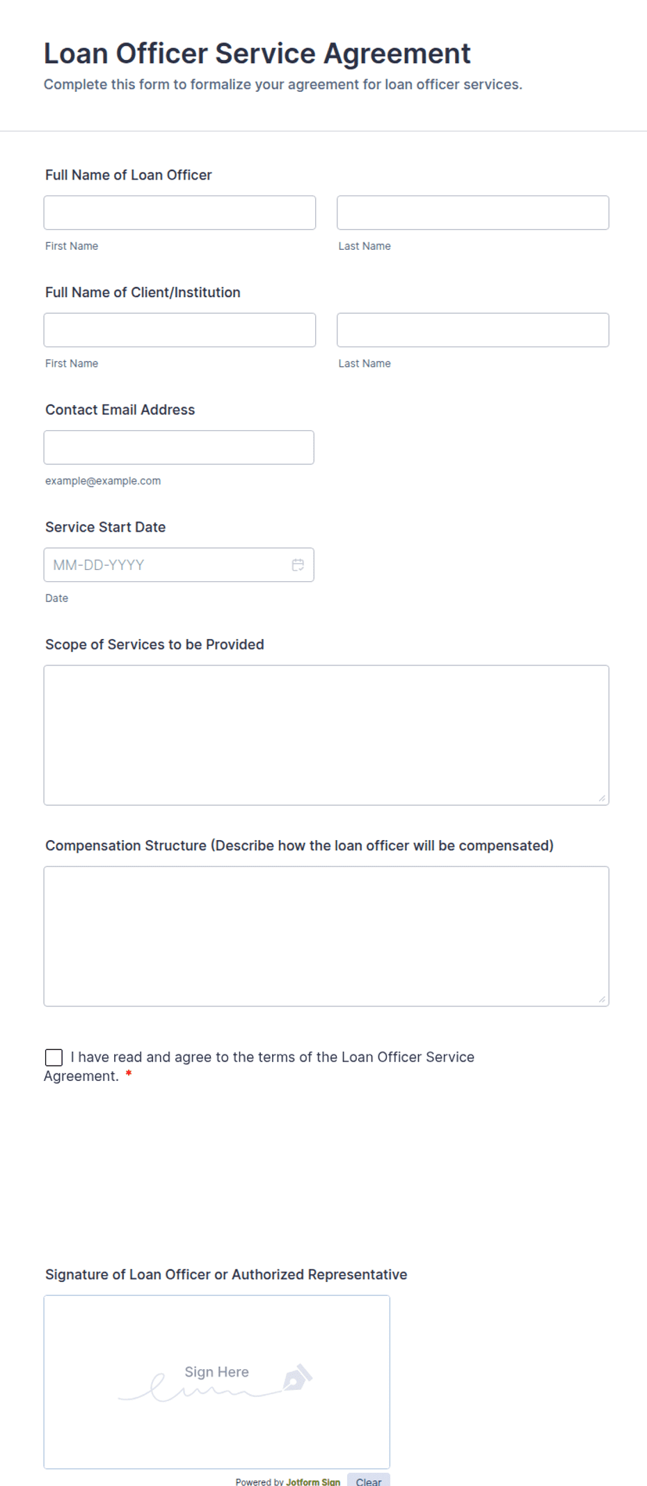 Loan Officer Service Agreement Form Template | Jotform