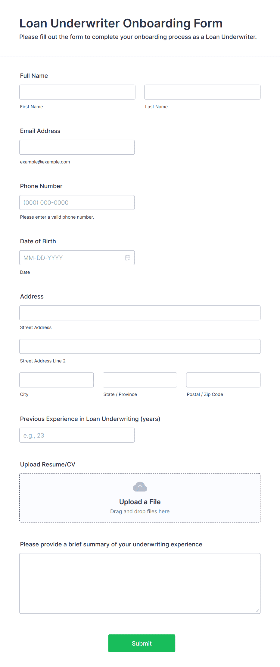 Loan Underwriter Onboarding Form Template | Jotform