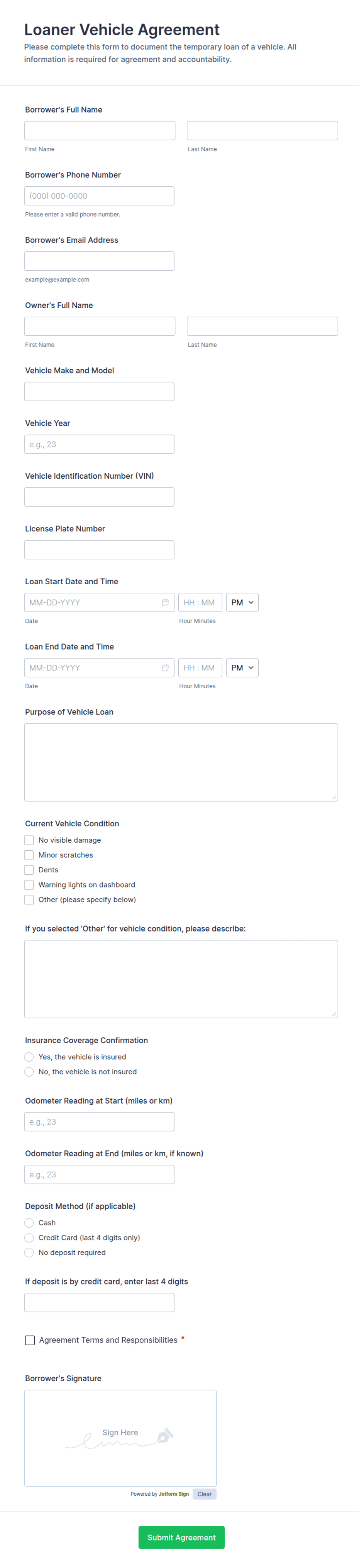 Loaner Vehicle Agreement Form Template | Jotform