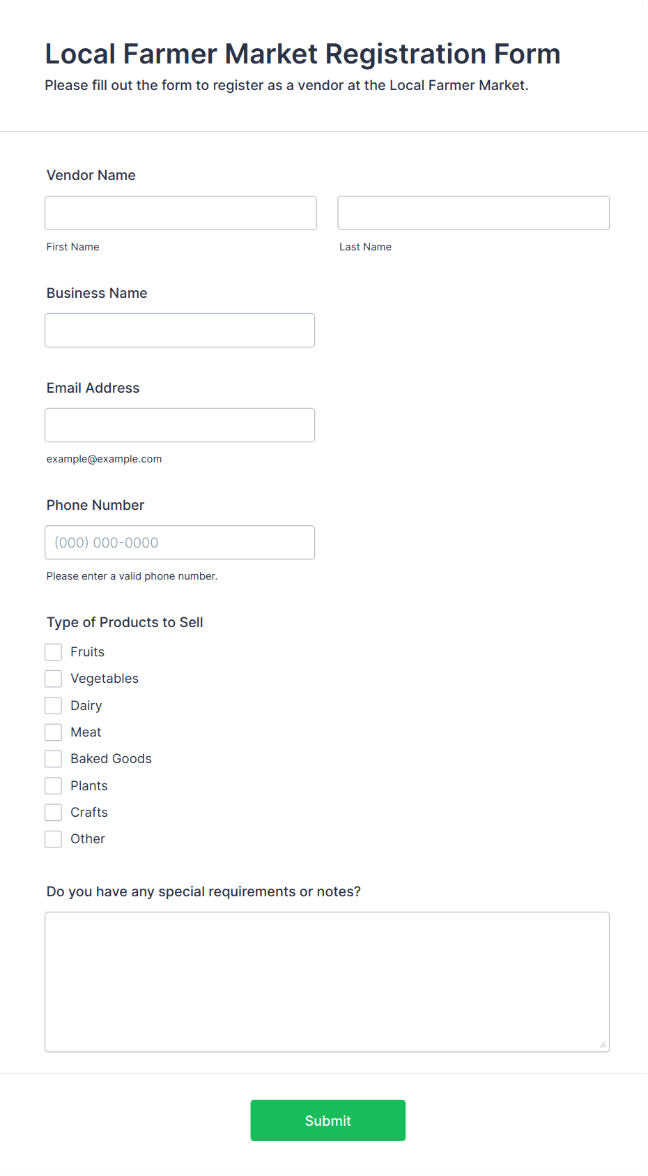 Local Farmer Market Registration Form Template | Jotform