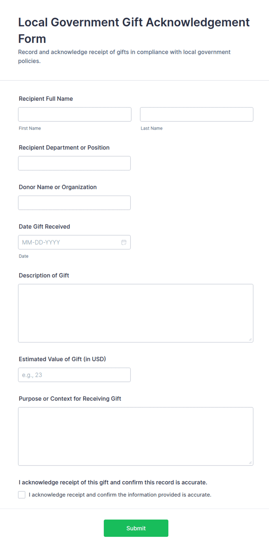 Local Government Gift Acknowledgement Form Template | Jotform