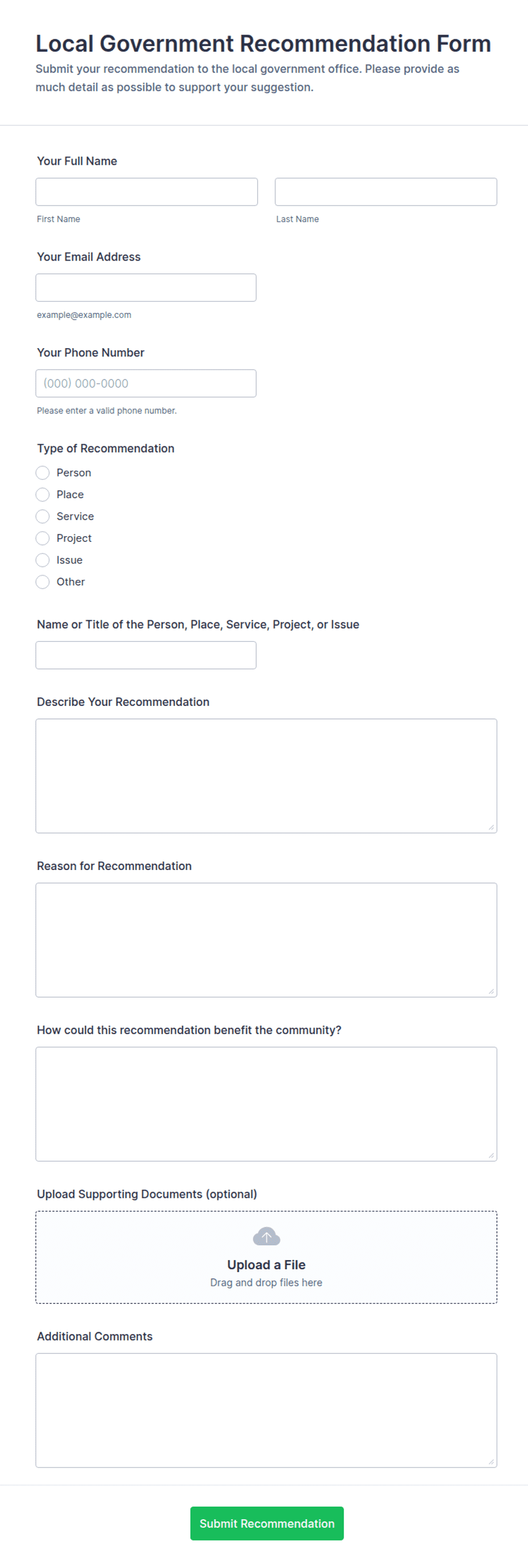 Local Government Recommendation Form Template | Jotform