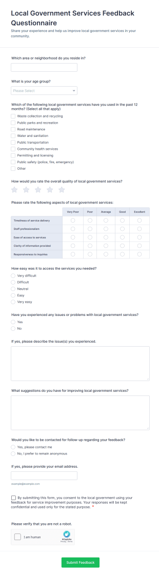 Local Government Services Feedback Questionnaire Form Template | Jotform