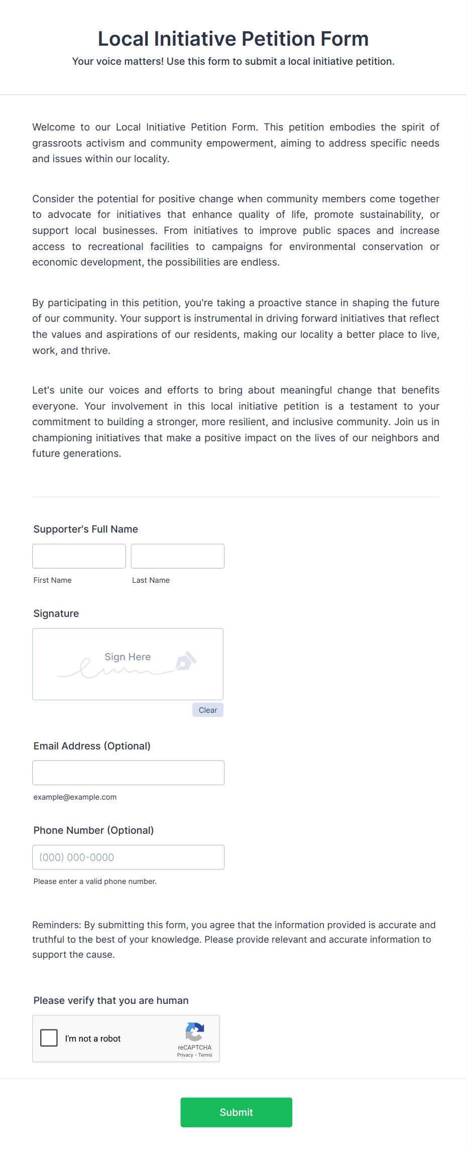 Local Initiative Petition Form Template | Jotform
