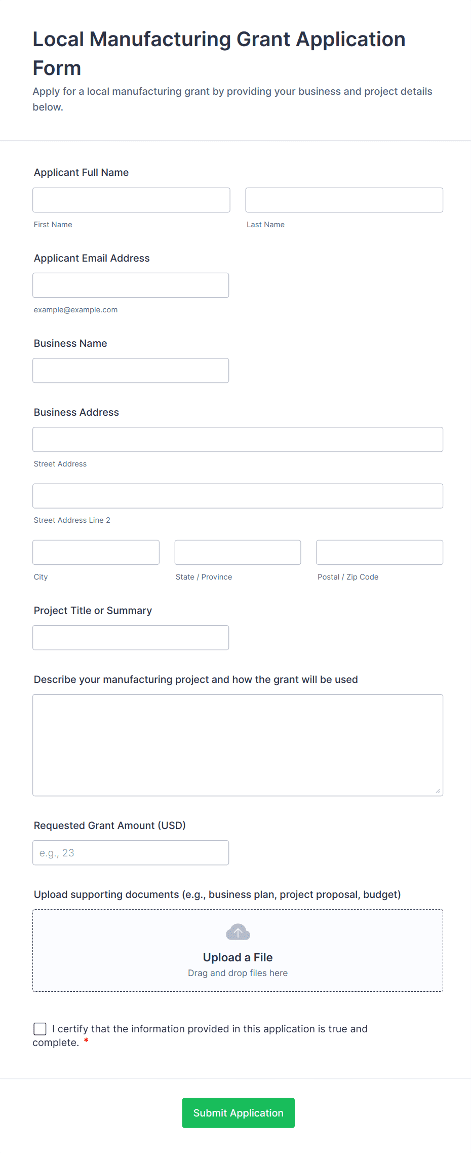 Local Manufacturing Grant Application Form Template | Jotform