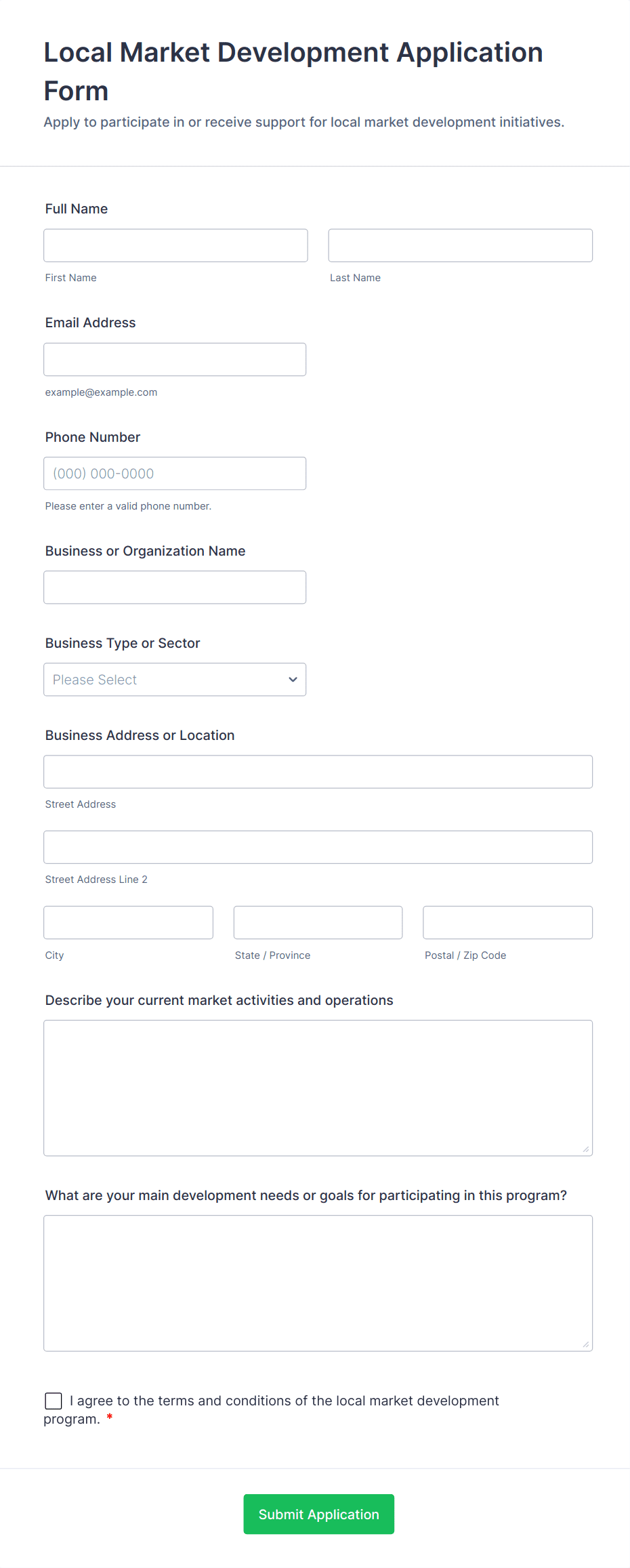 Local Market Development Application Form Template | Jotform