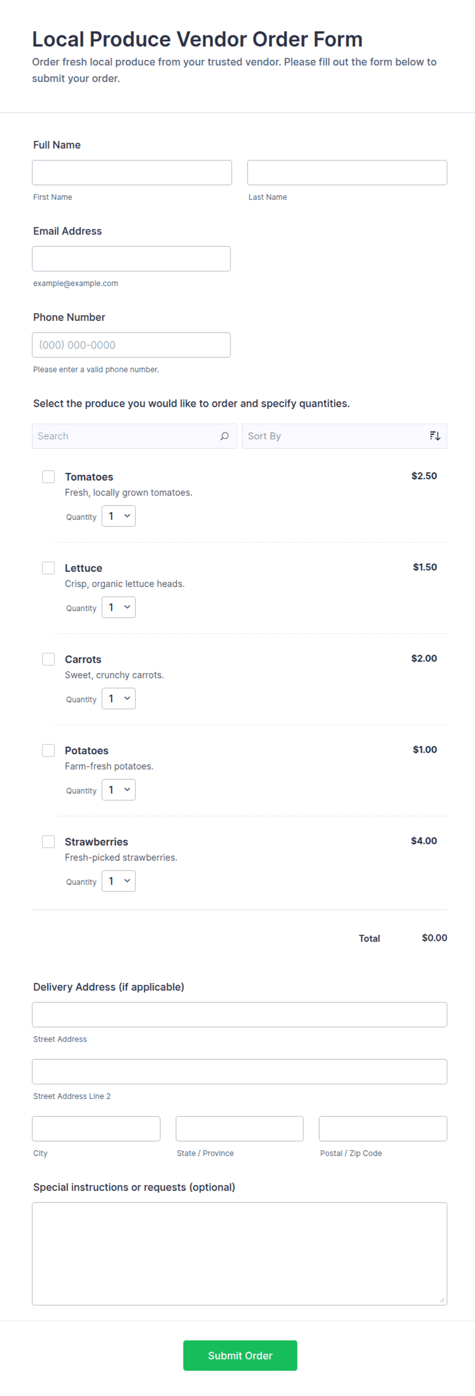 Local Produce Vendor Order Form Template | Jotform