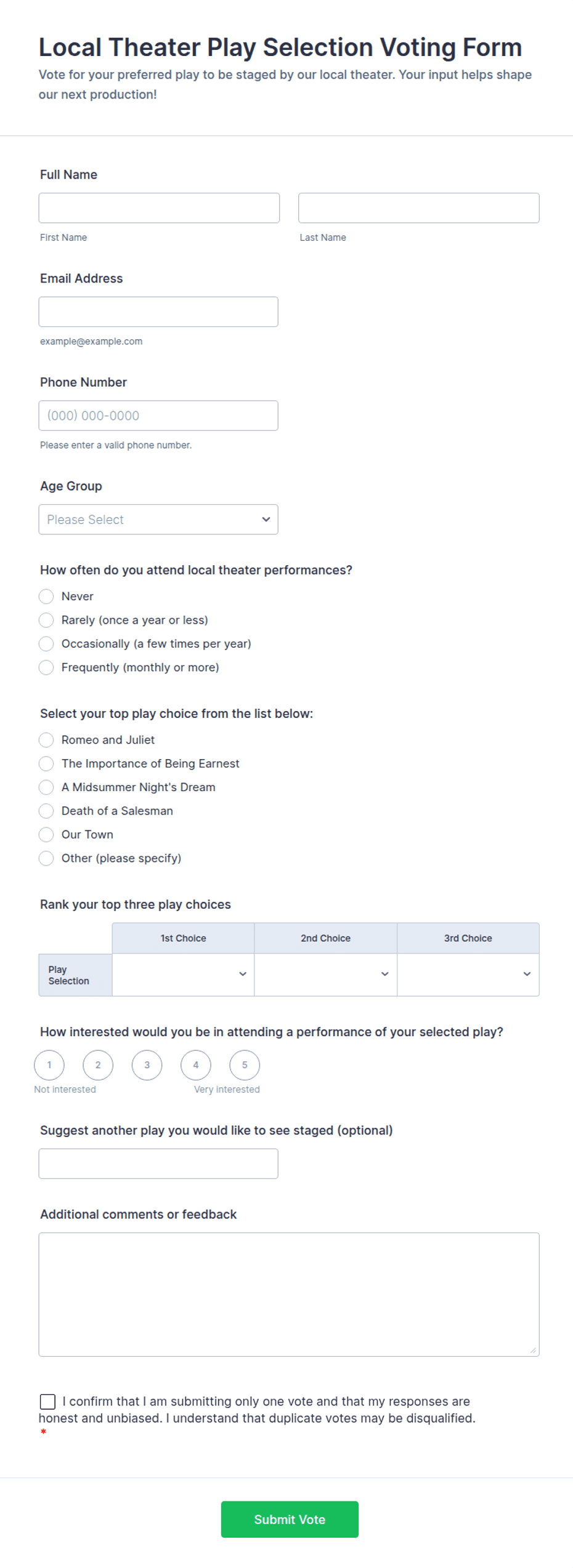 Local Theater Play Selection Voting Form Template | Jotform
