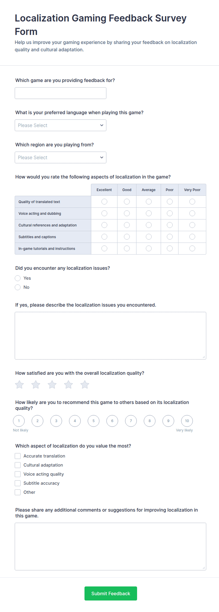 Localization Gaming Feedback Survey Form Template | Jotform