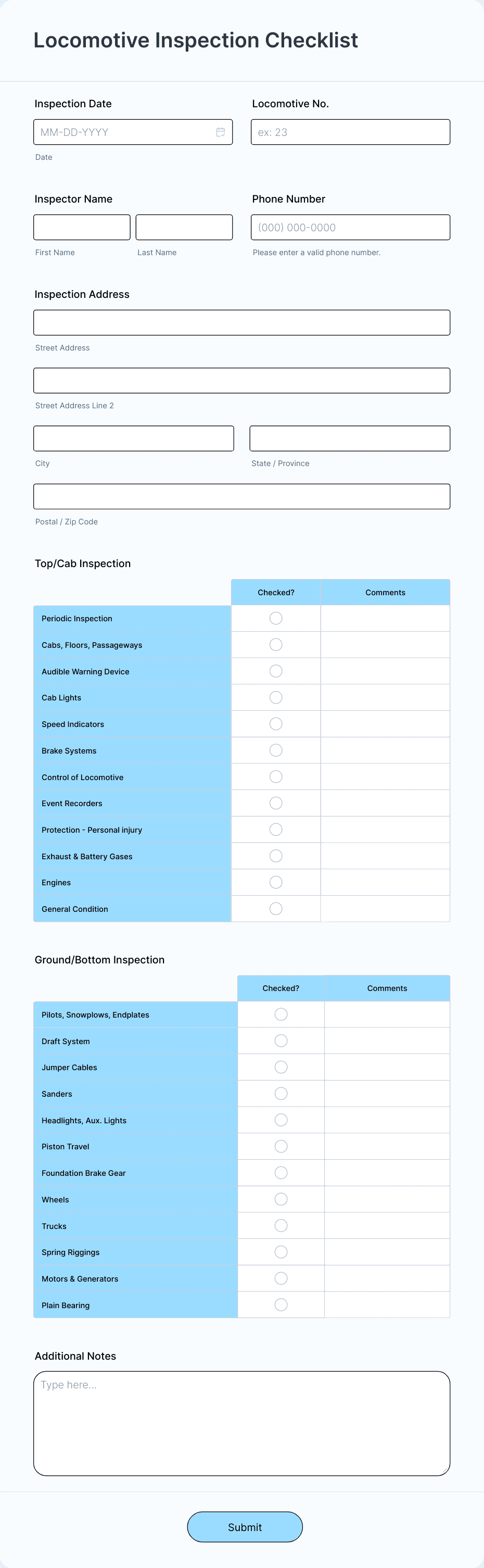 Locomotive Inspection Checklist Form Template | Jotform