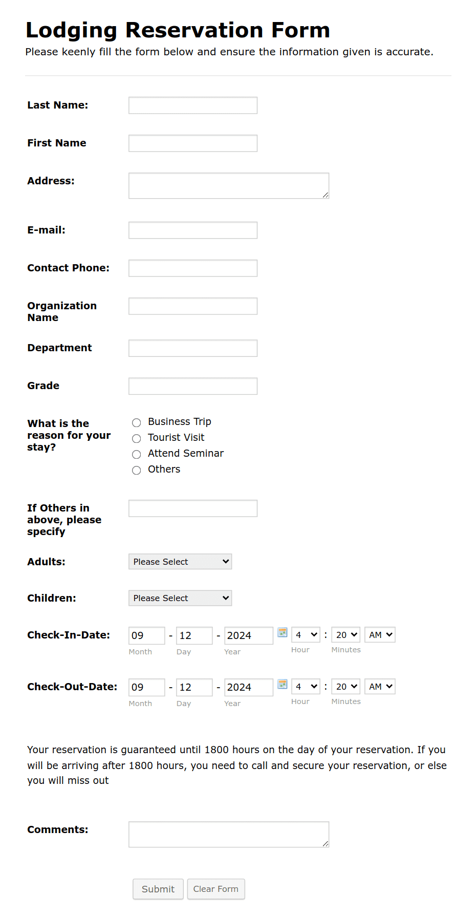 Lodging Reservation Form Template | Jotform