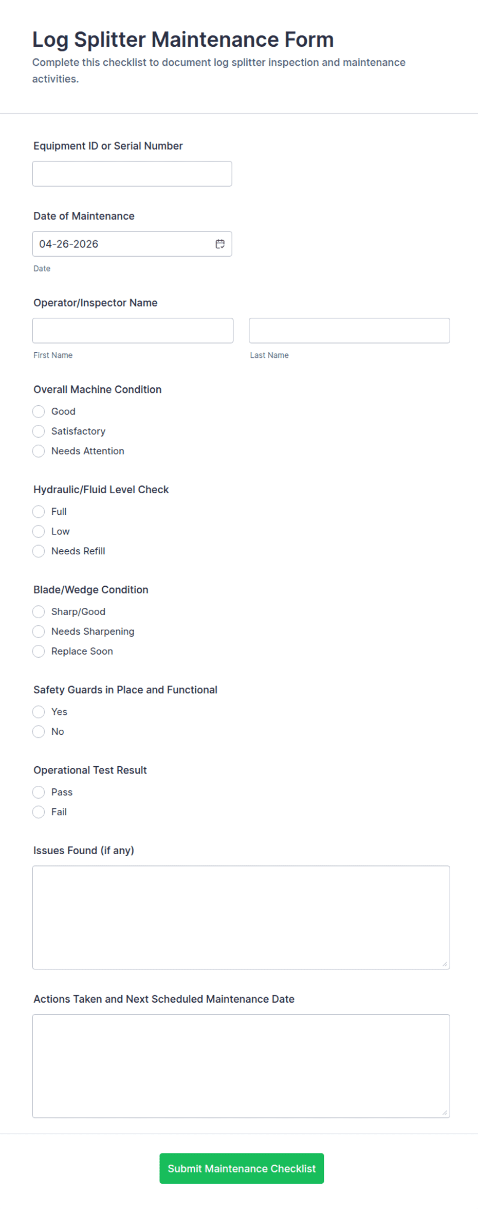 Log Splitter Maintenance Checklist Form Template | Jotform