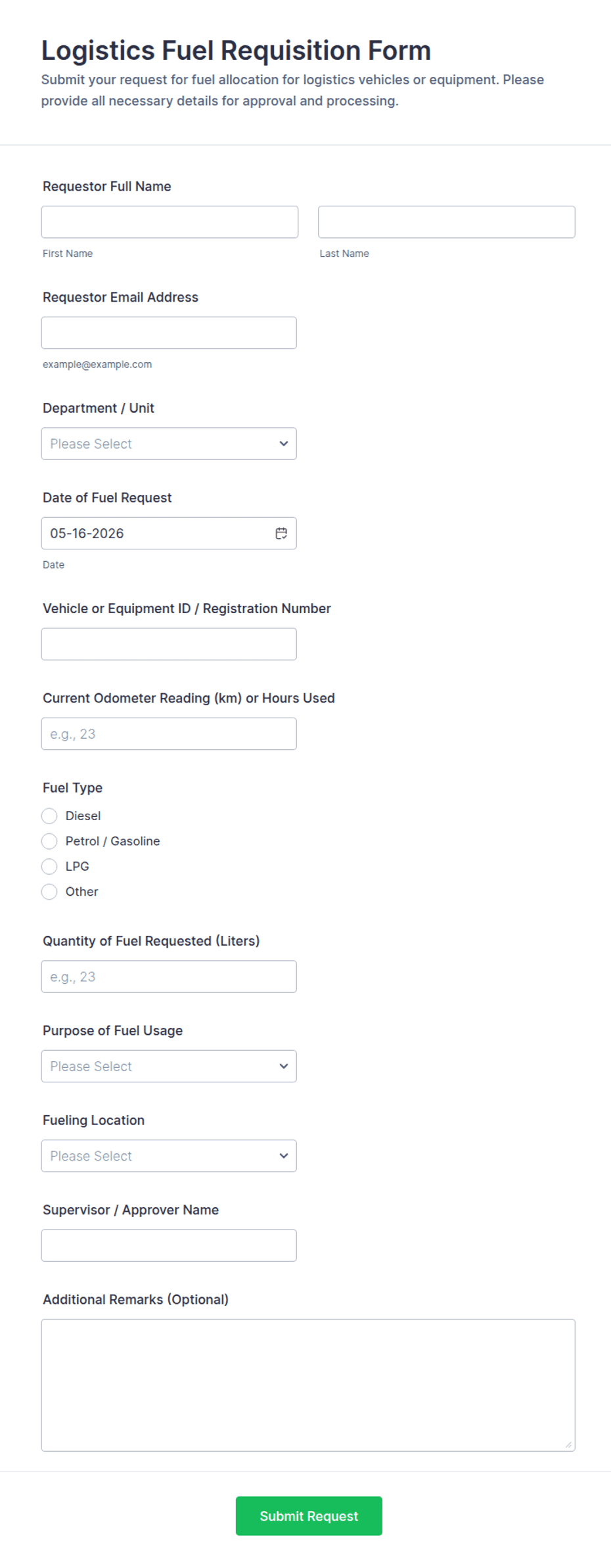 Logistics Fuel Requisition Form Template | Jotform