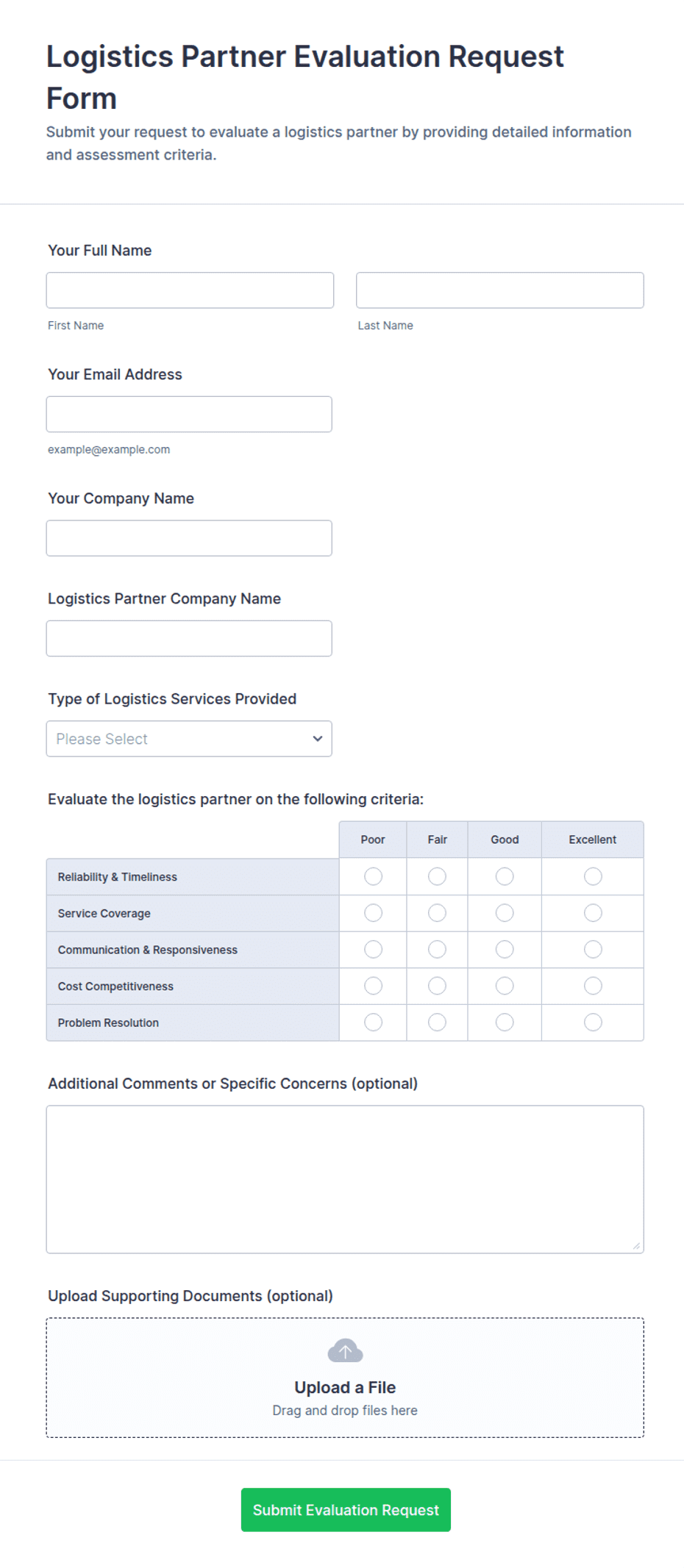 Logistics Partner Evaluation Request Form Template | Jotform
