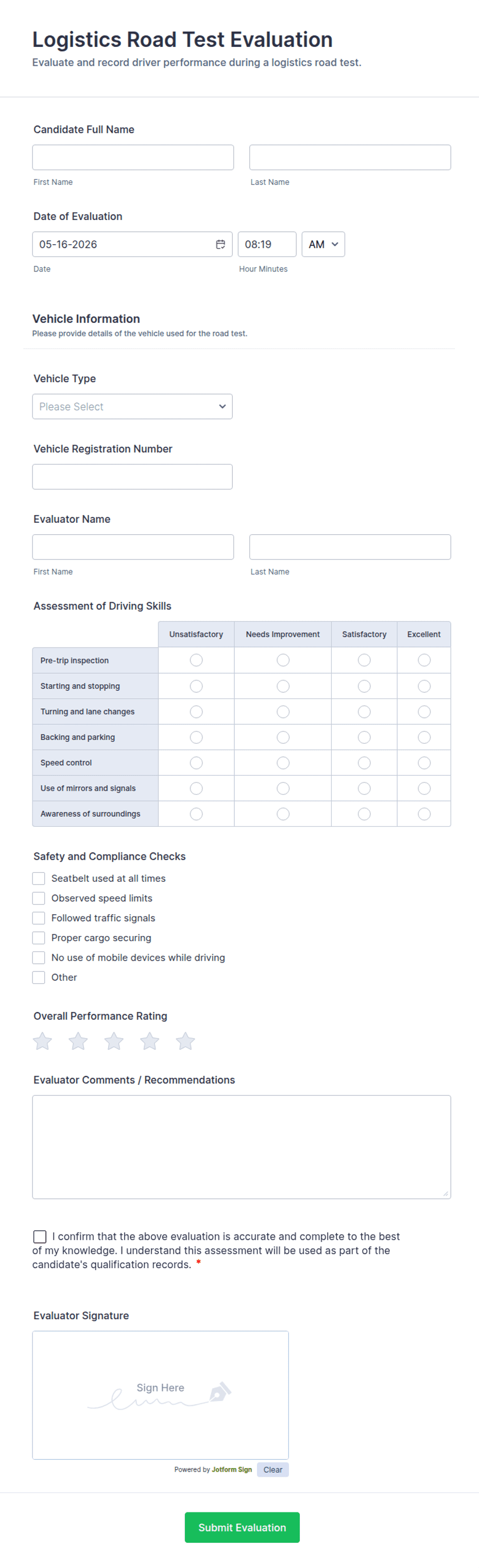 Logistics Road Test Evaluation Form Template | Jotform