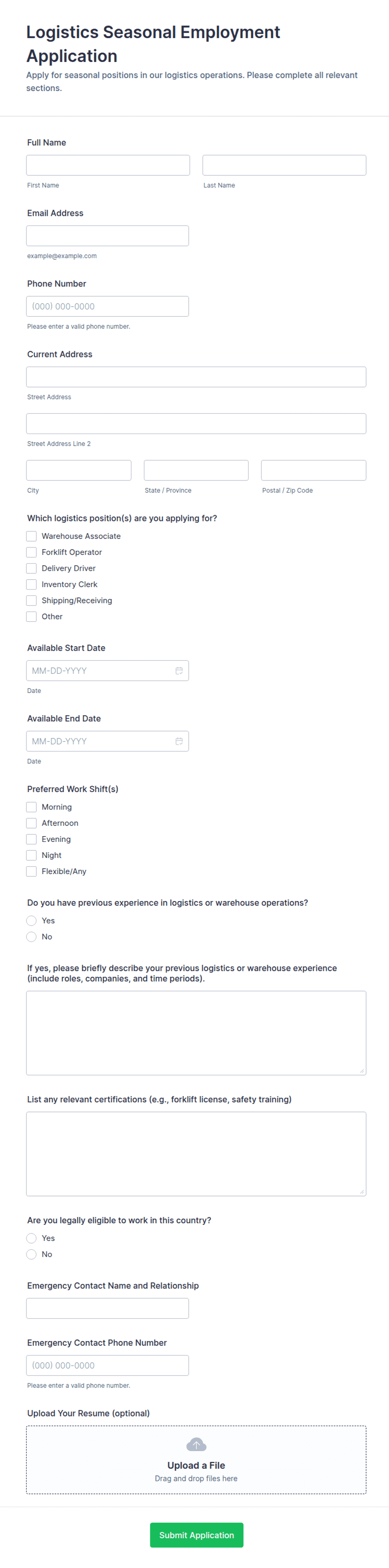 Logistics Seasonal Employment Application Form Template | Jotform