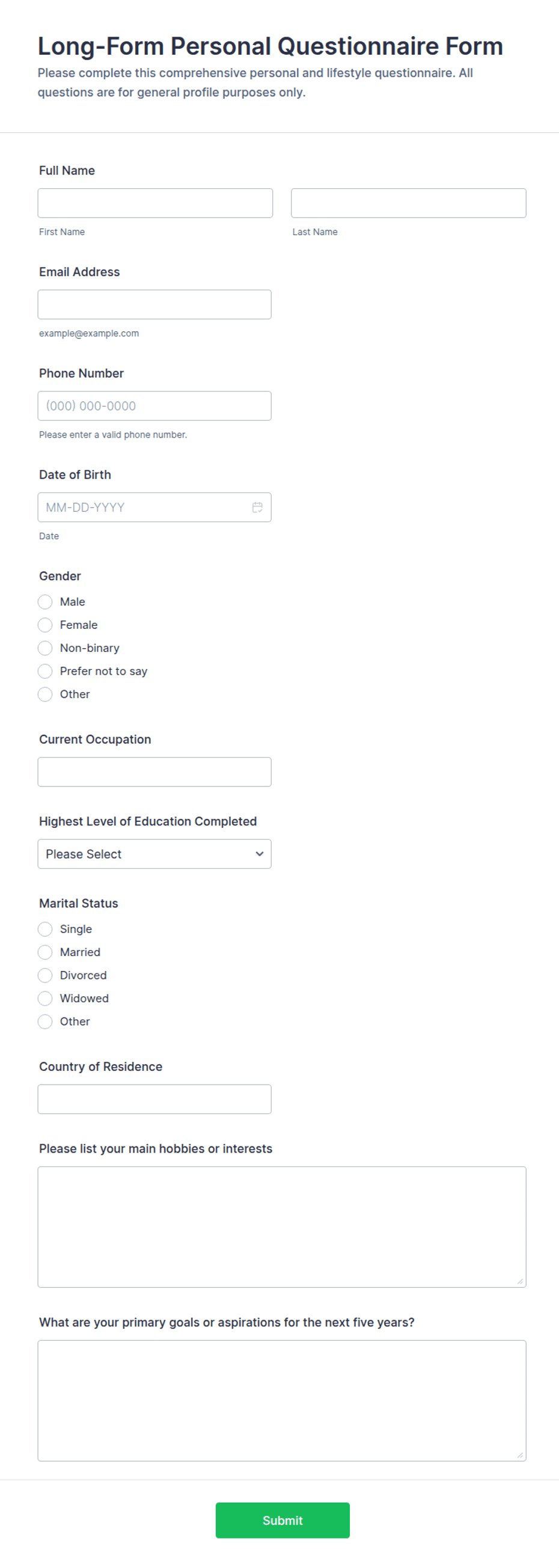 Long-Form Personal Questionnaire Form Template | Jotform