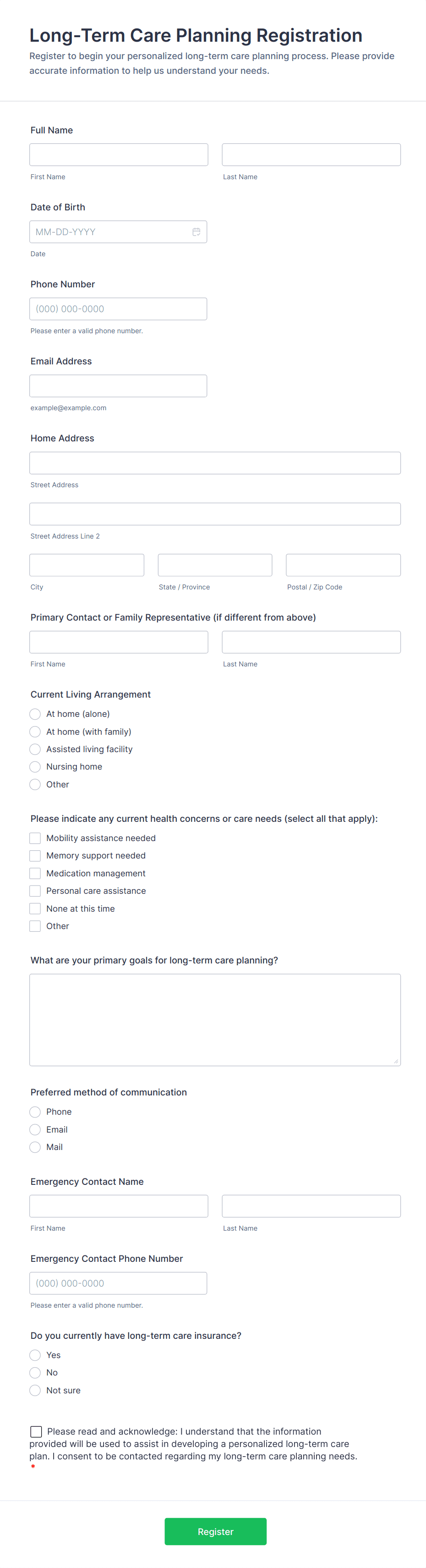 Long-Term Care Planning Registration Form Template | Jotform