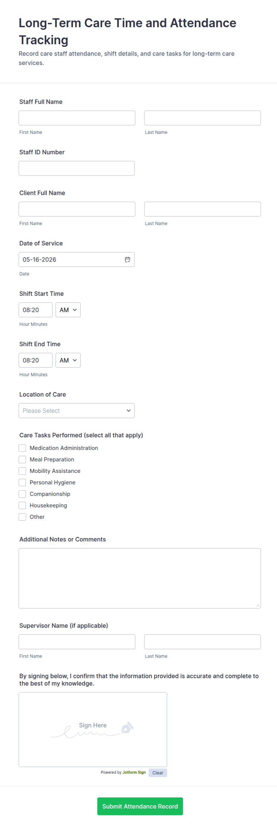 Long-Term Care Time and Attendance Tracking Form Template | Jotform