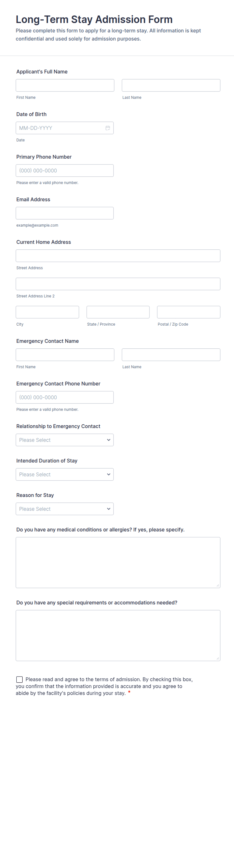Long-Term Stay Admission Form Template | Jotform