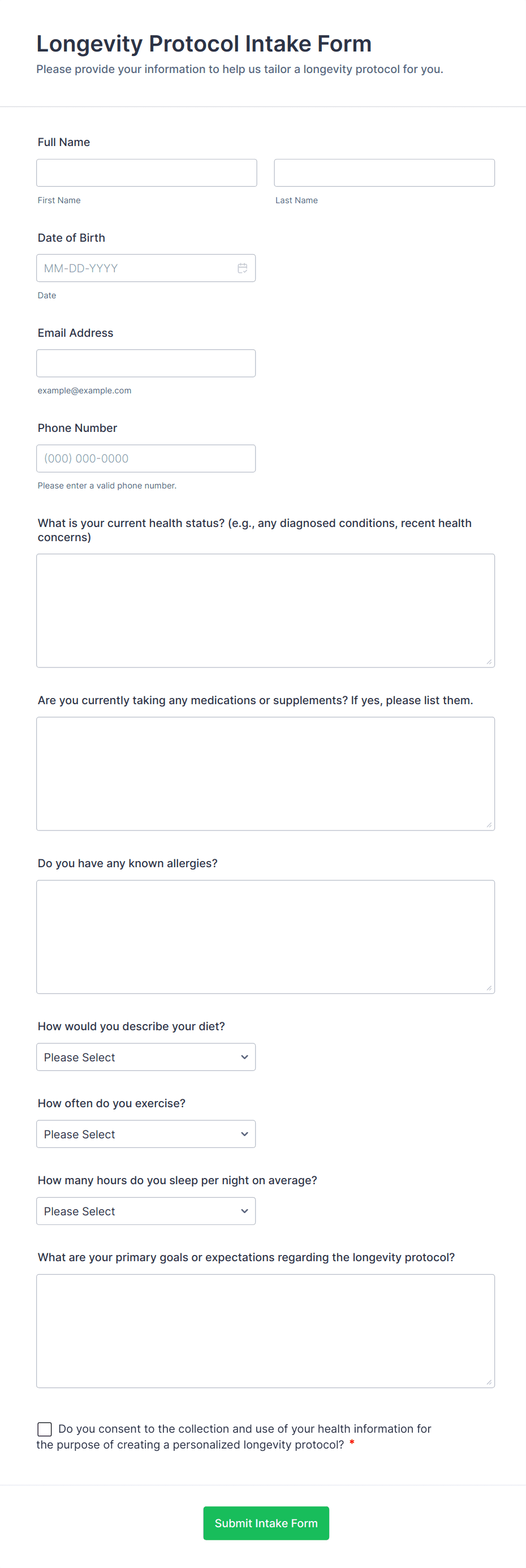 Longevity Protocol Intake Form Template | Jotform