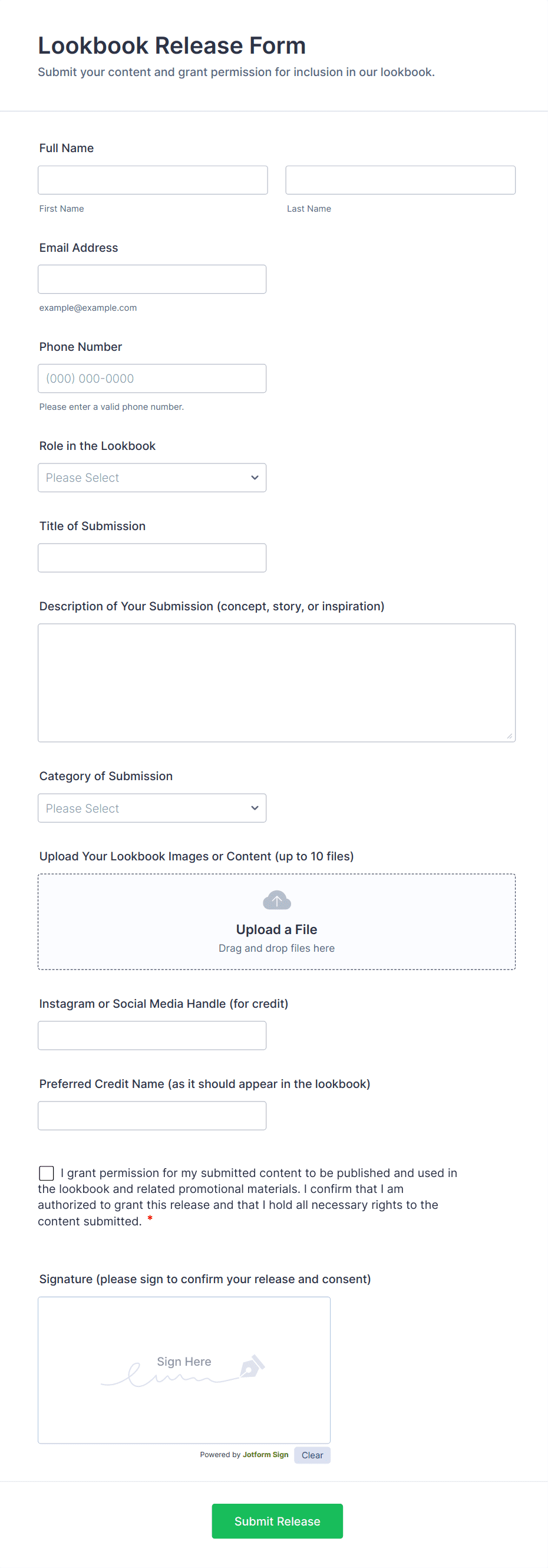 Lookbook Release Form Template | Jotform