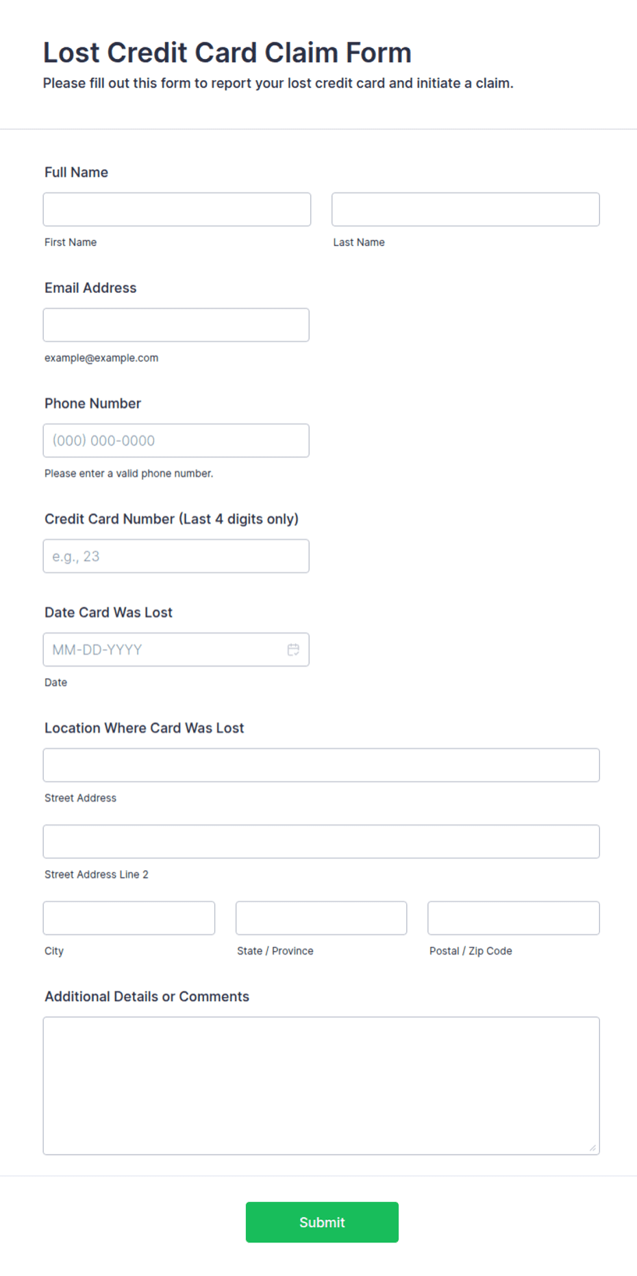 Lost Credit Card Claim Form Template | Jotform