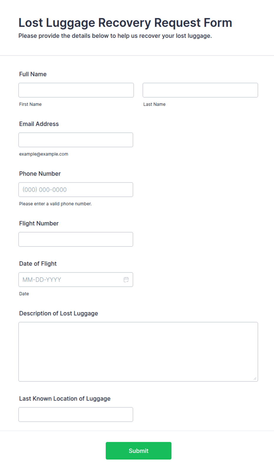 Lost Luggage Recovery Request Form Template | Jotform
