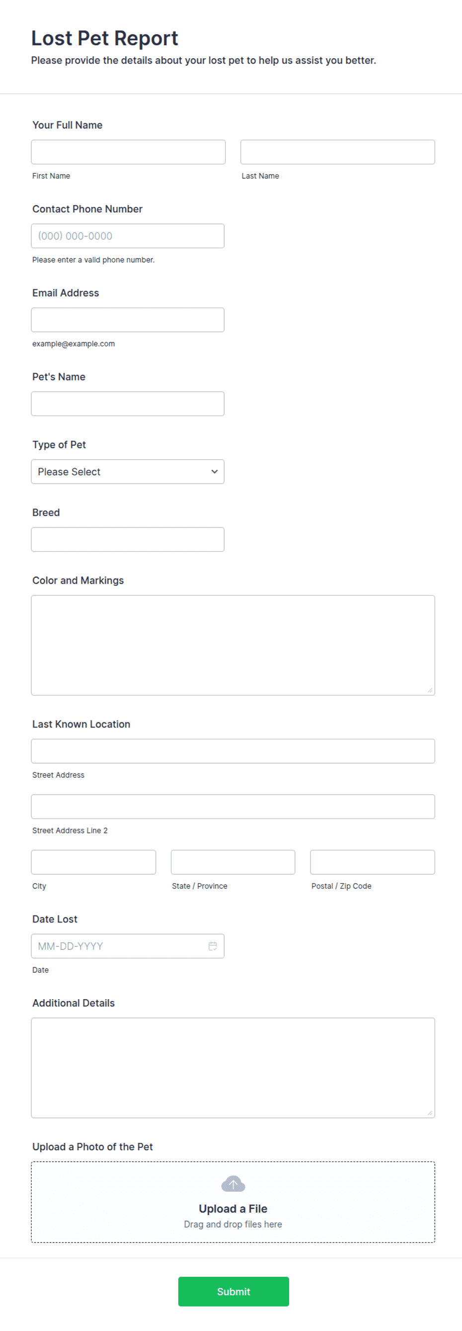 Lost Pet Report Form Template | Jotform