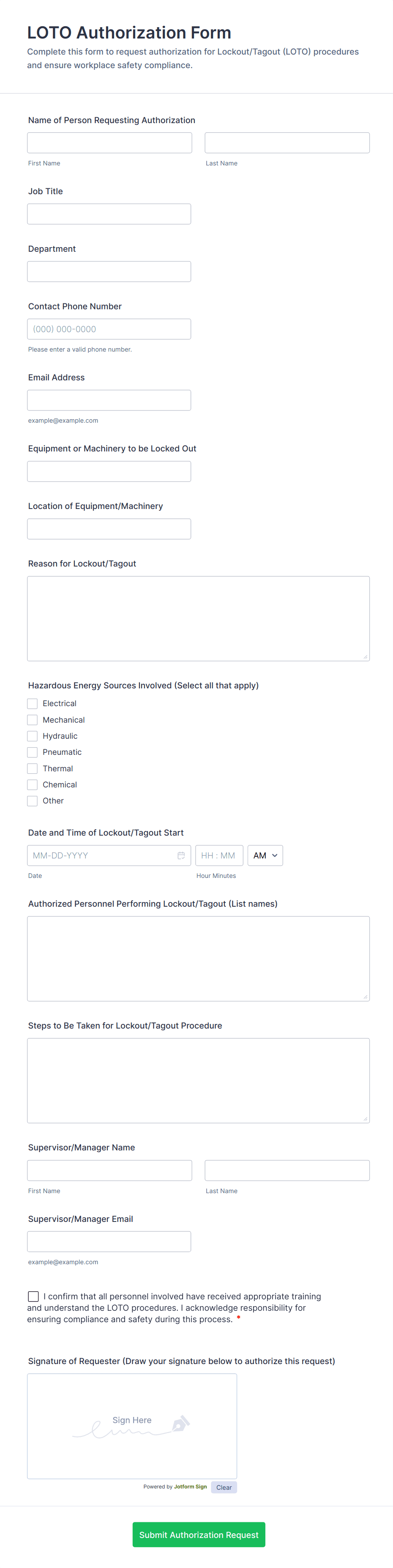 LOTO Authorization Form Form Template | Jotform