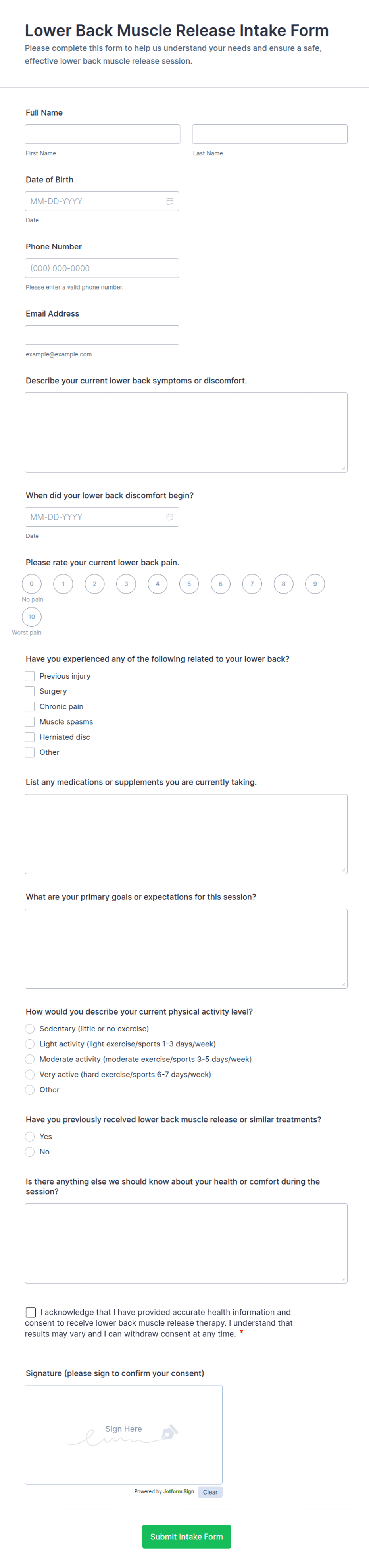Lower Back Muscle Release Intake Form Template | Jotform