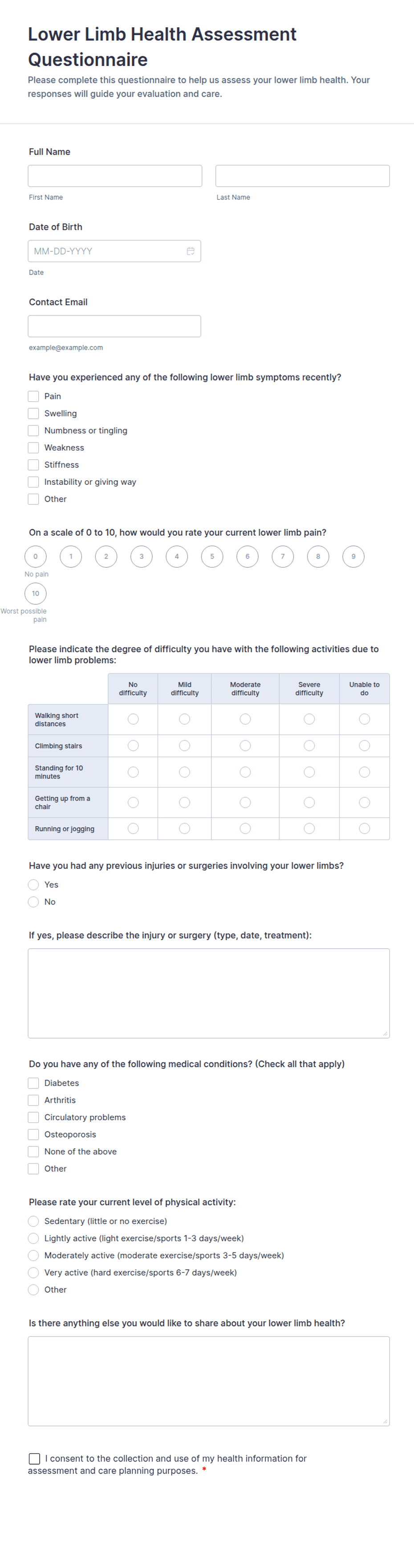 Lower Limb Health Assessment Questionnaire Form Template | Jotform