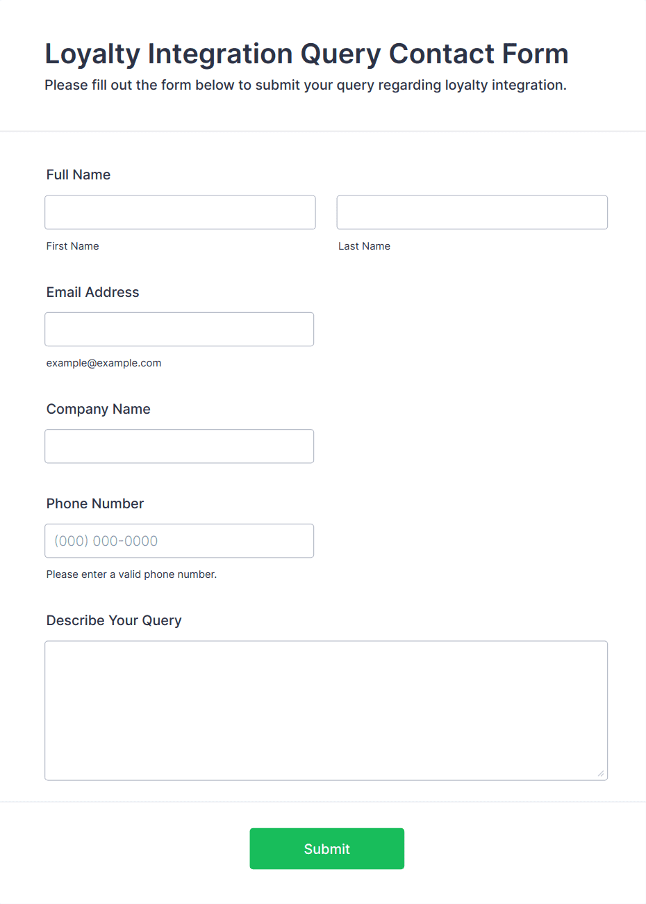 Loyalty Integration Query Contact Form Template | Jotform