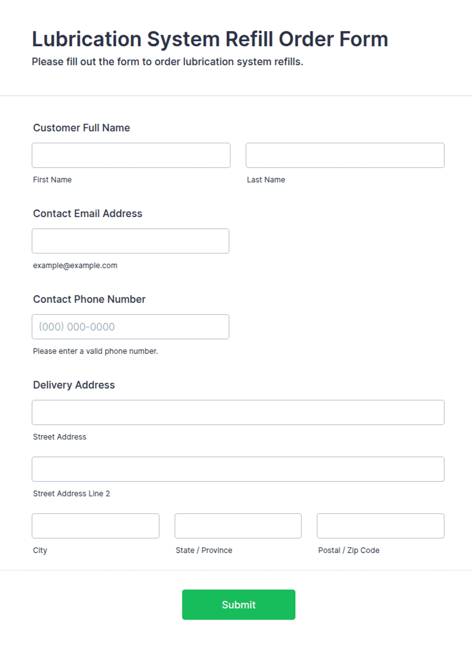 Lubrication System Refill Order Form Template | Jotform