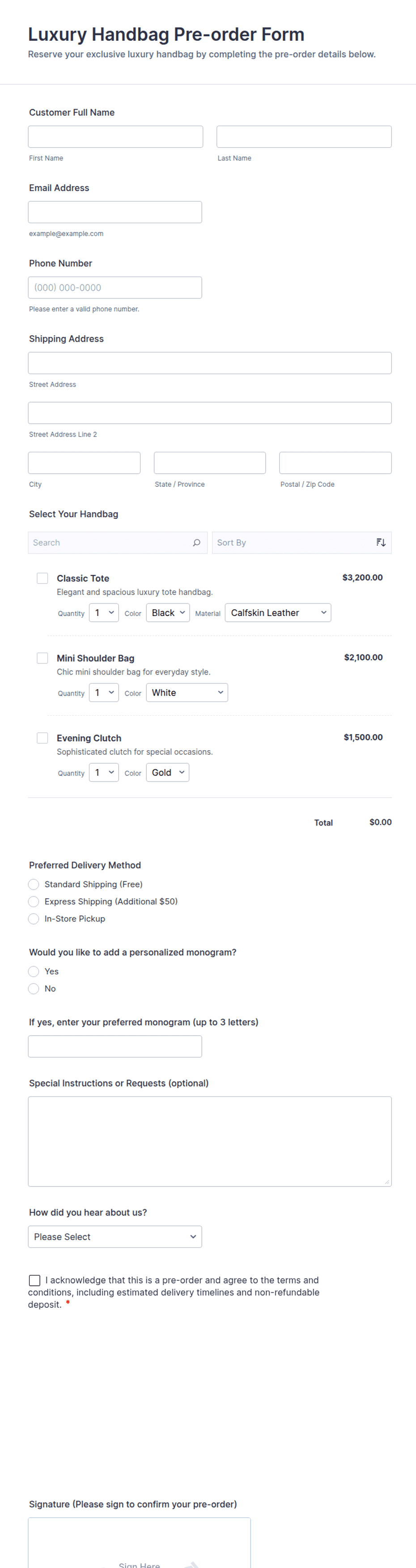 Luxury Handbag Pre-order Form Template | Jotform