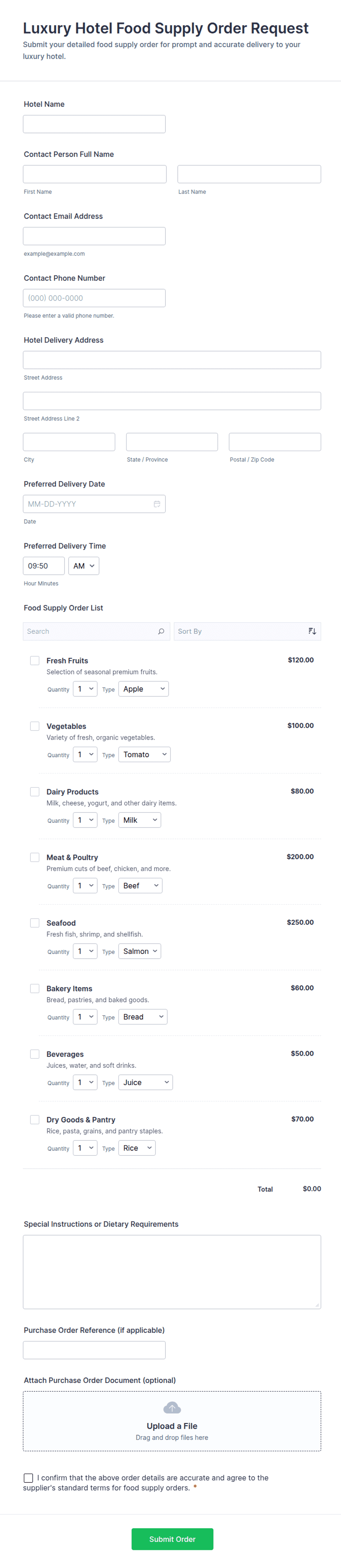 Luxury Hotel Food Supply Order Request Form Template | Jotform