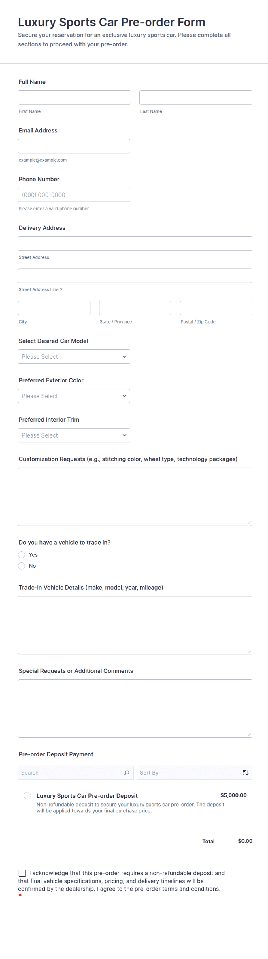 Luxury Sports Car Pre-order Form Template | Jotform
