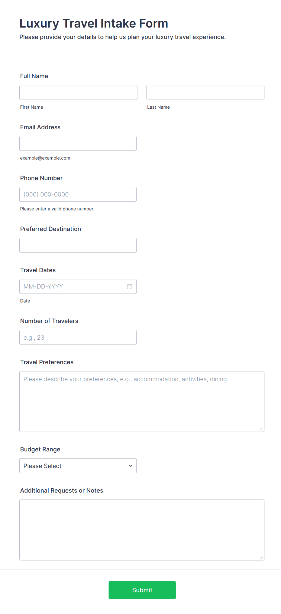 Luxury Travel Intake Form Template | Jotform
