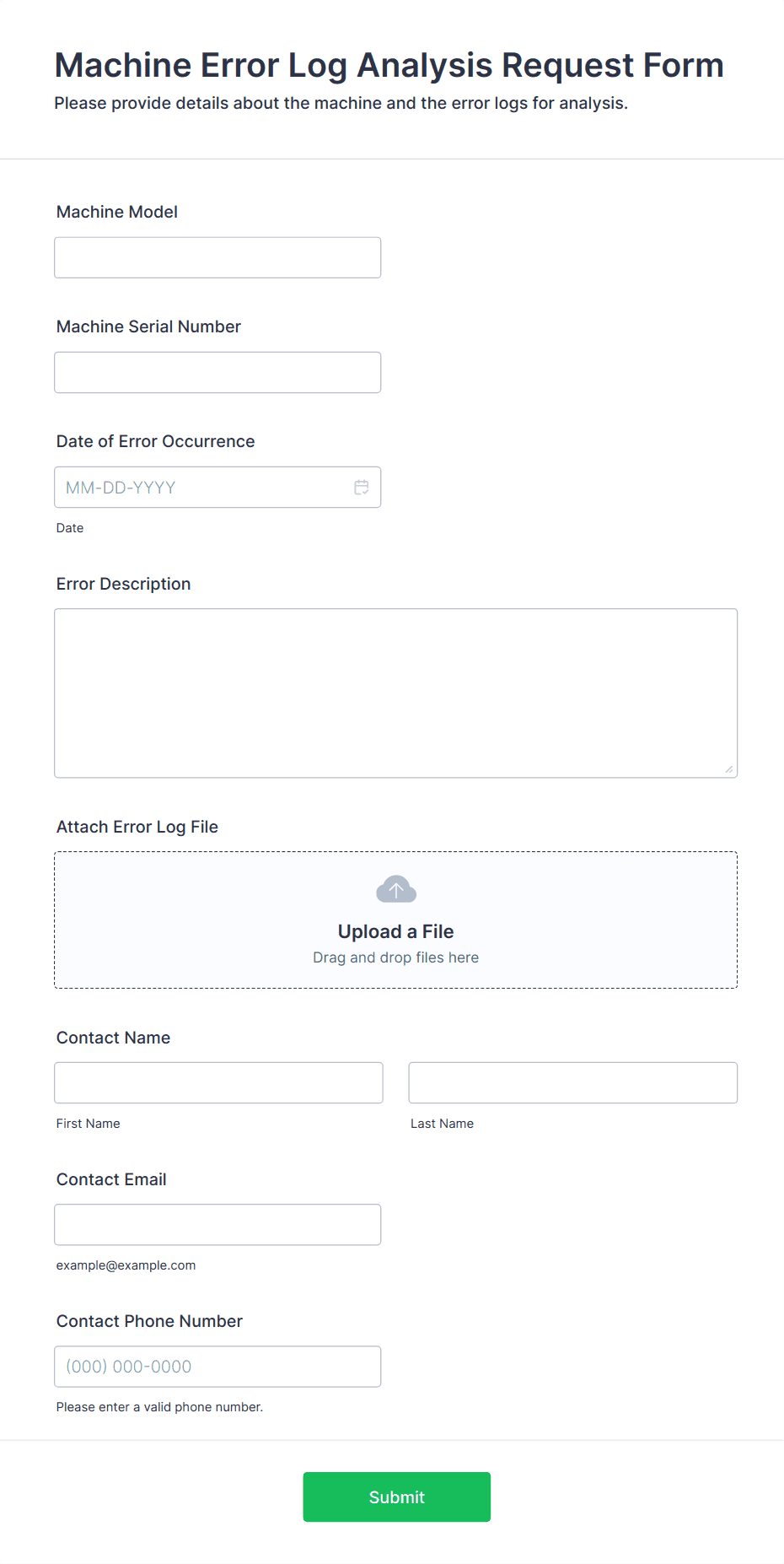 Machine Error Log Analysis Request Form Template | Jotform