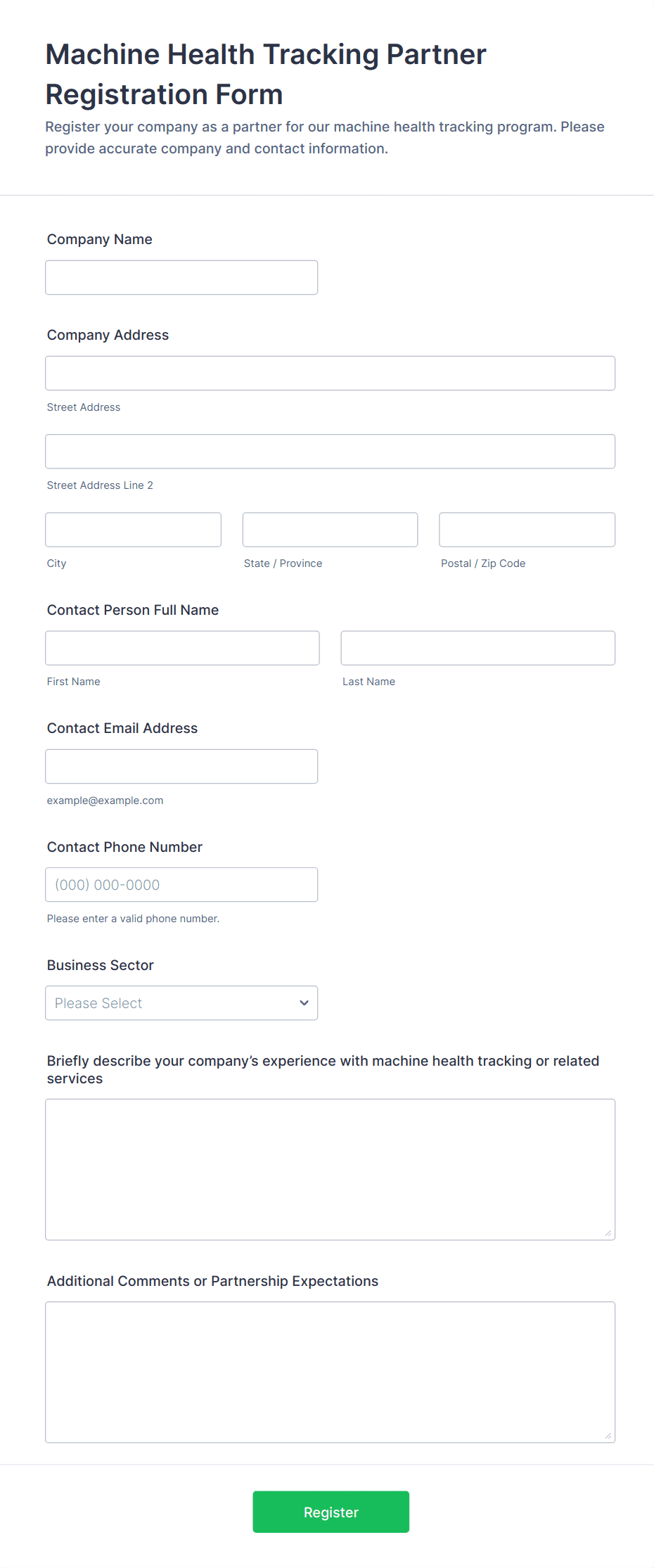 Machine Health Tracking Partner Registration Form Template | Jotform