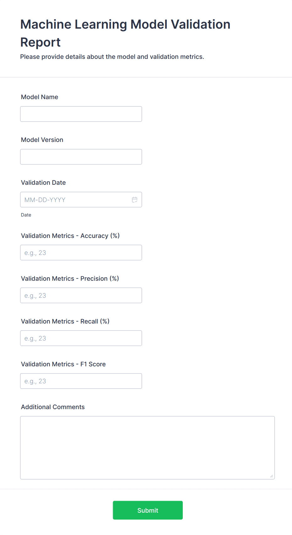 Machine Learning Model Validation Report Form Template | Jotform