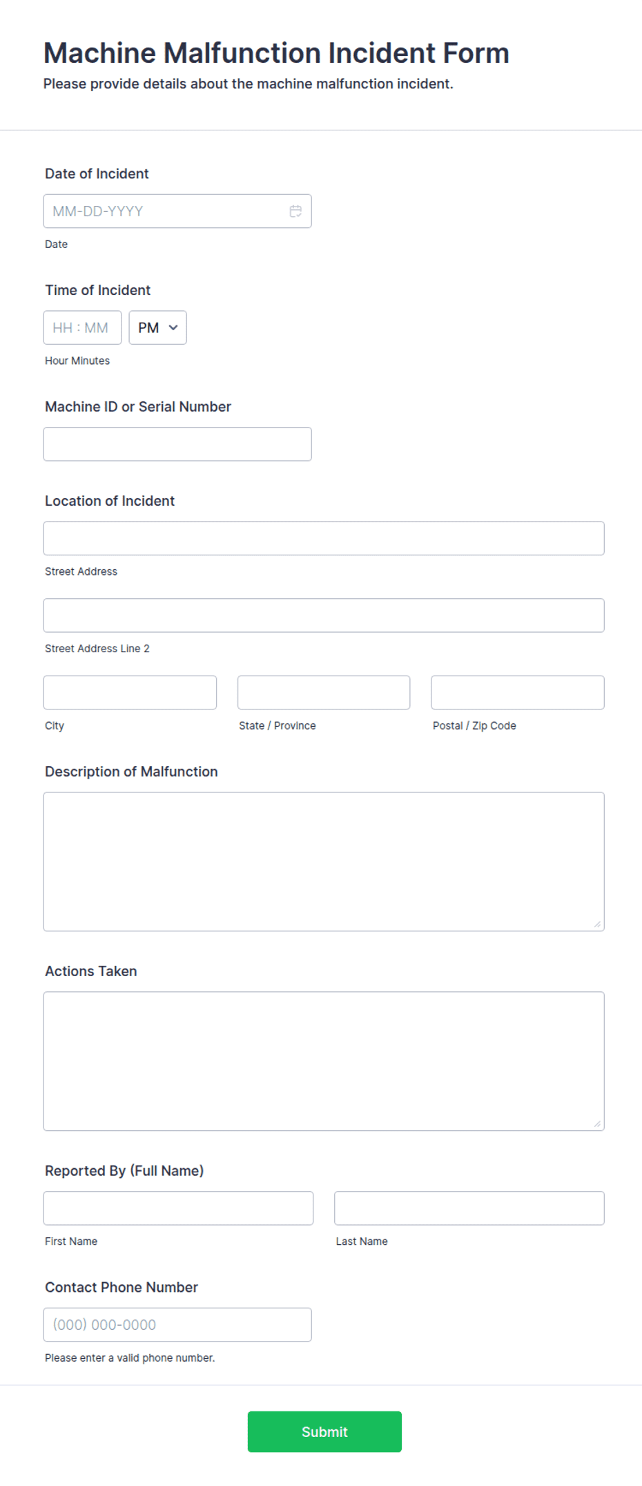 Machine Malfunction Incident Form Template | Jotform