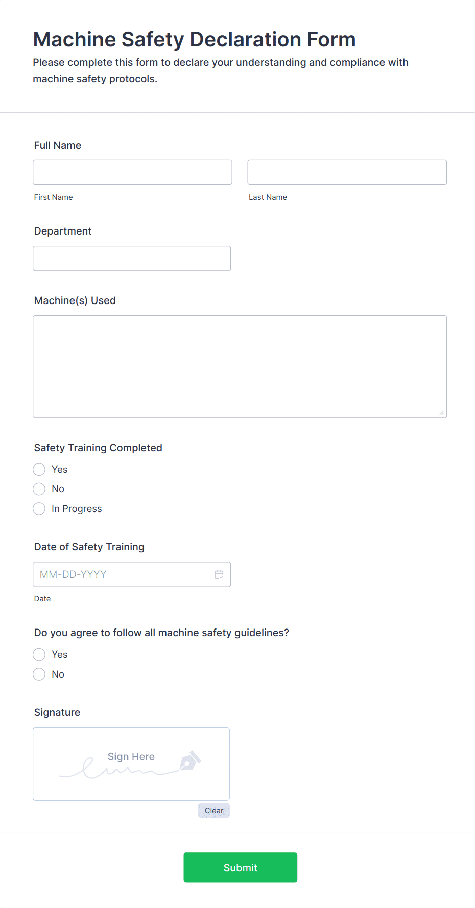 Machine Safety Declaration Form Template | Jotform