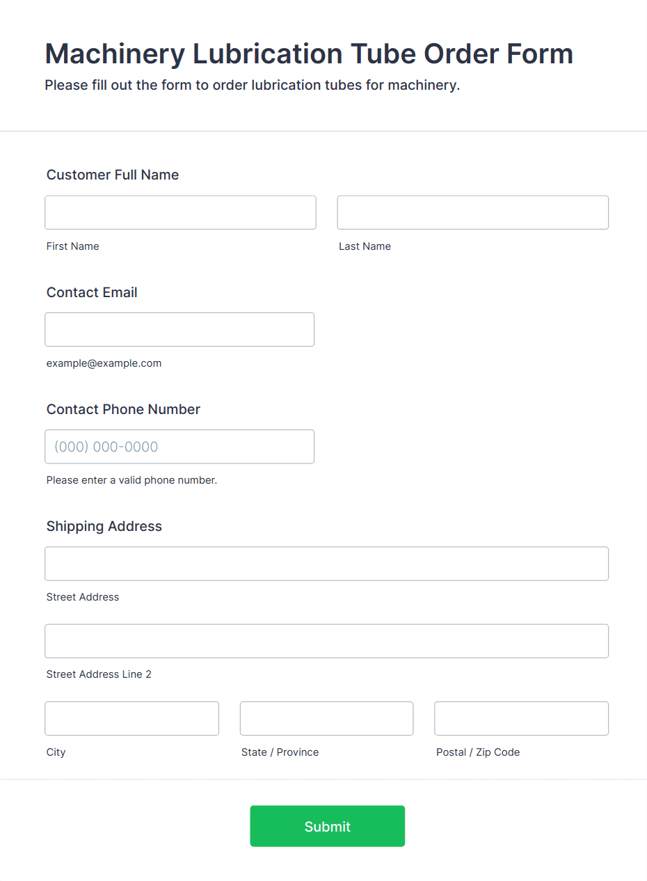 Machinery Lubrication Tube Order Form Template | Jotform