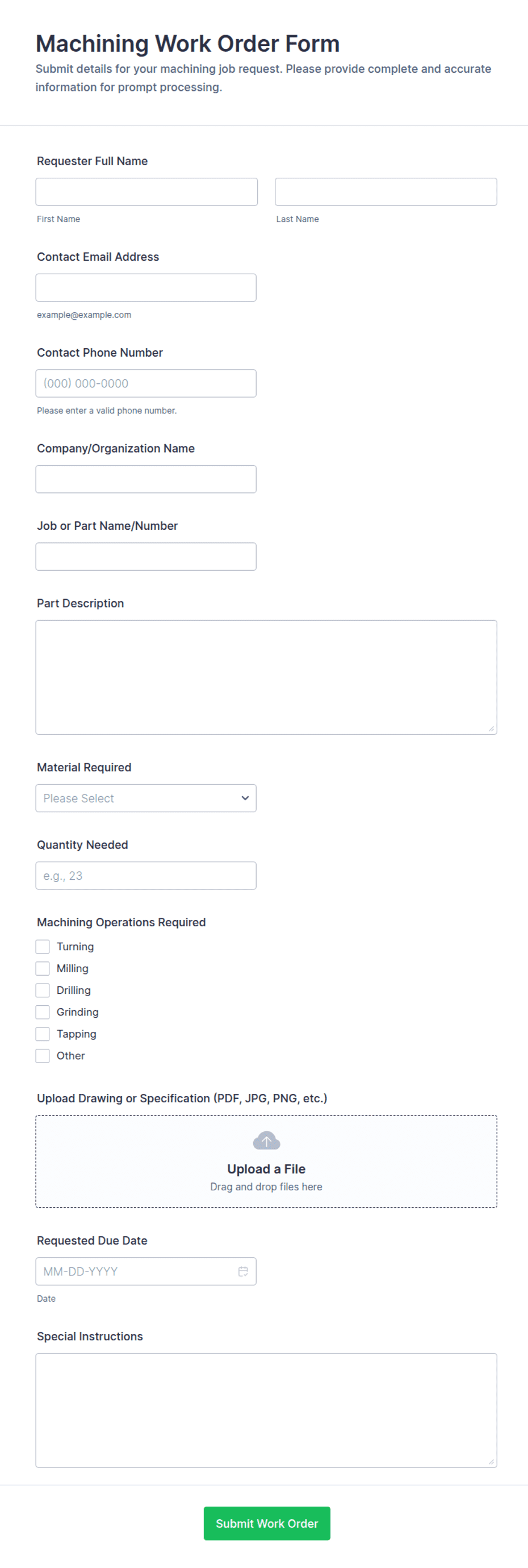 Machining Work Order Form Template | Jotform