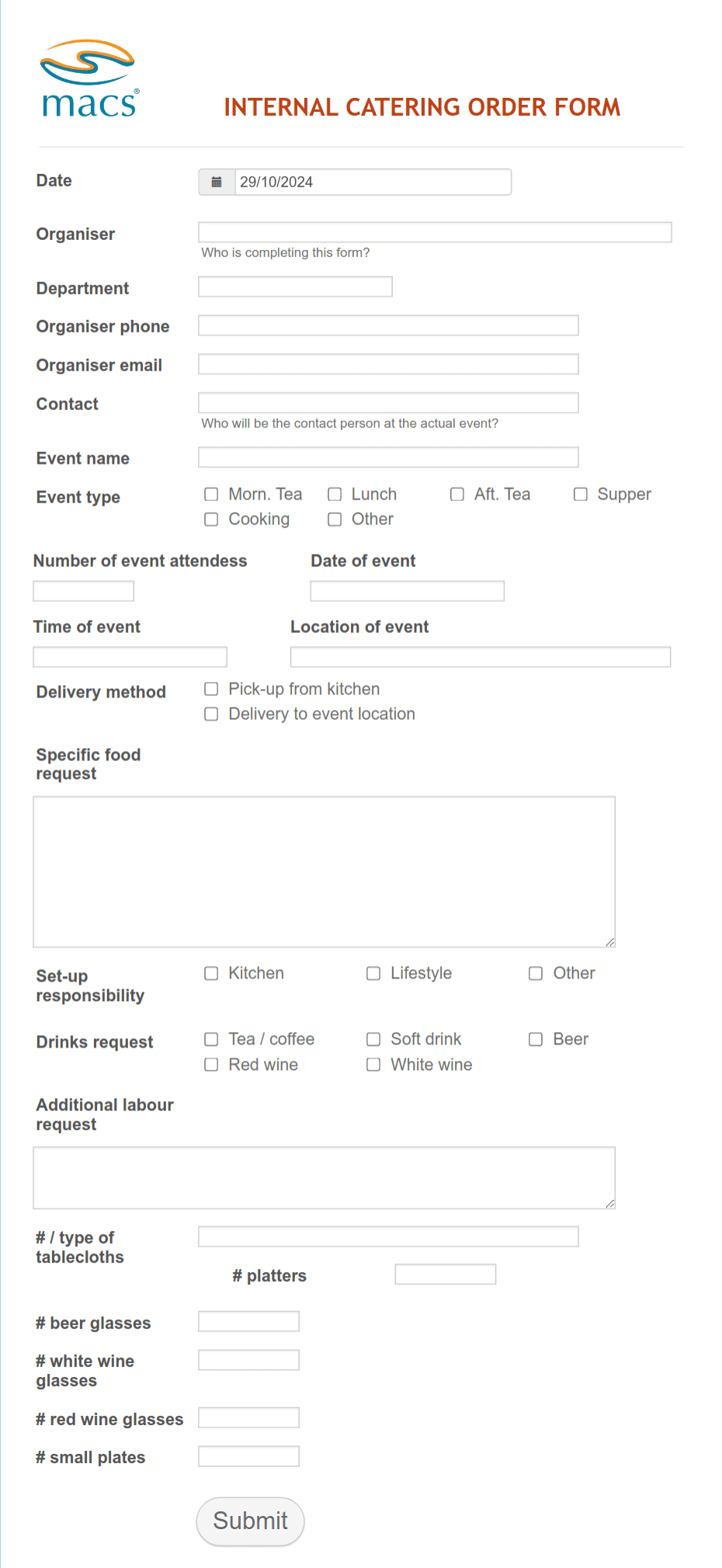 Macs Catering Order Form Template | Jotform