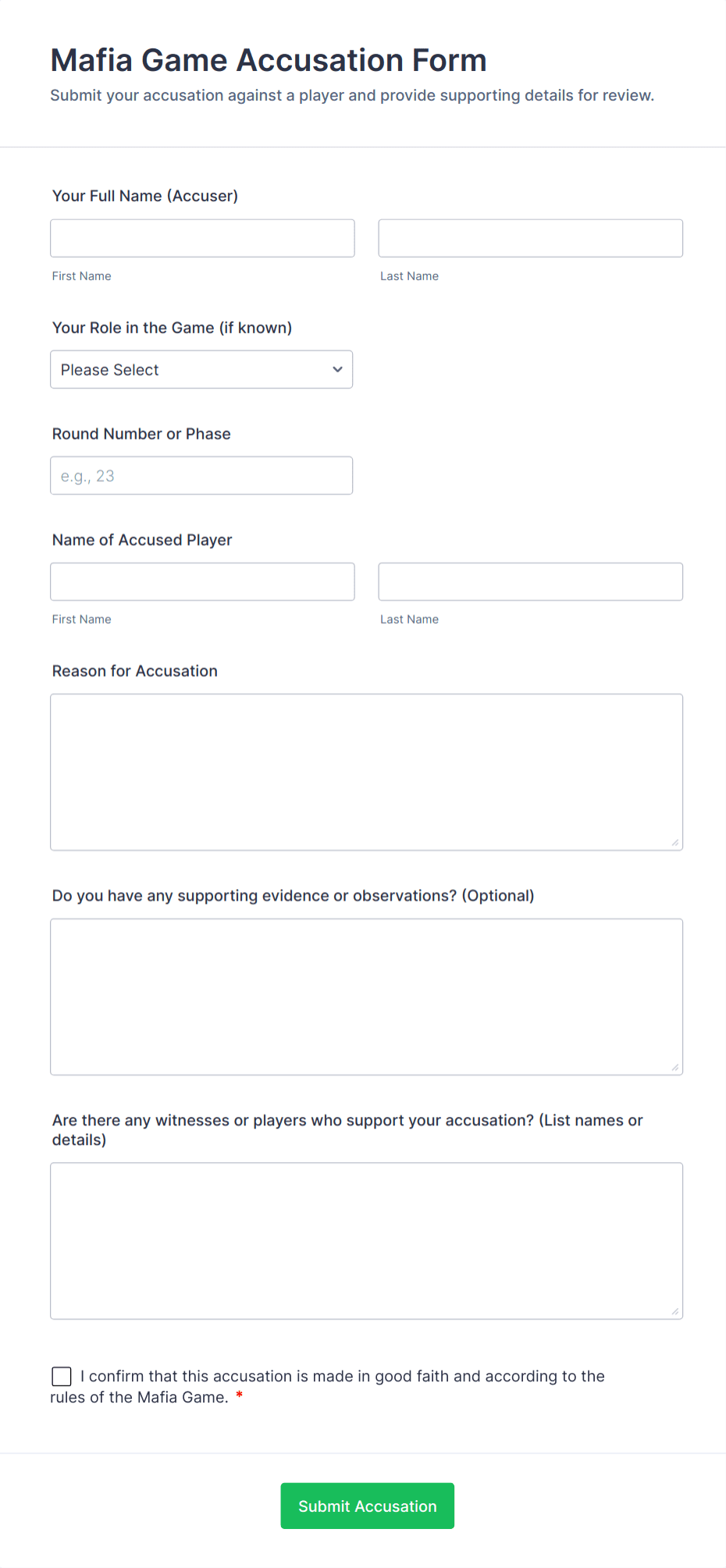 Mafia Game Accusation Form Template | Jotform