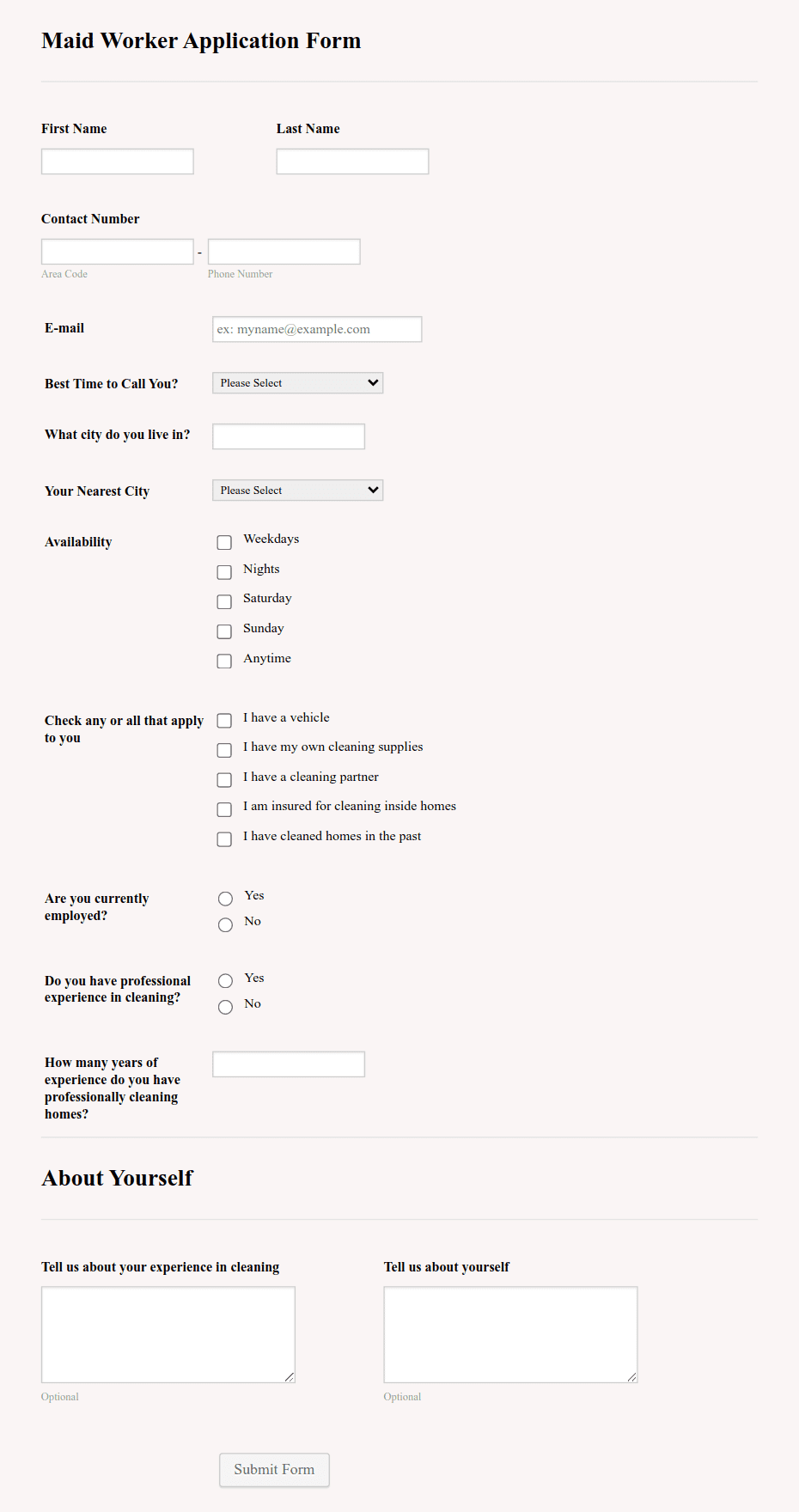 Maid Worker Application Form Template | Jotform